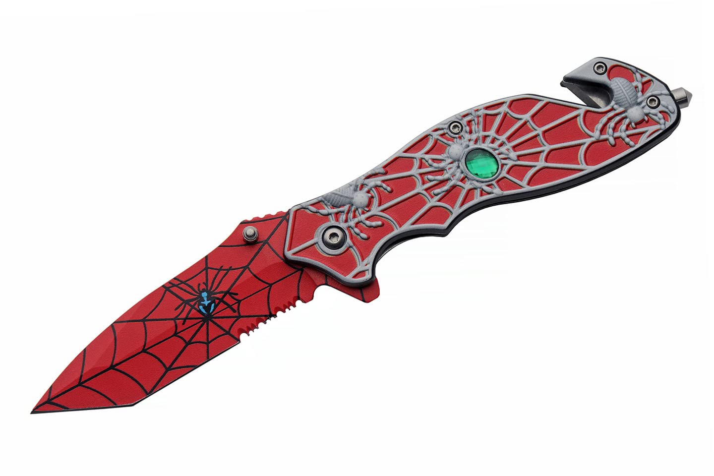 8β Red Spiderweb Assisted Open Pocket Folding Edc Knife Red Stainless Steel Clip Point Blade With Spider Web Print Red Aluminum Handle With Green Jewel Inlay