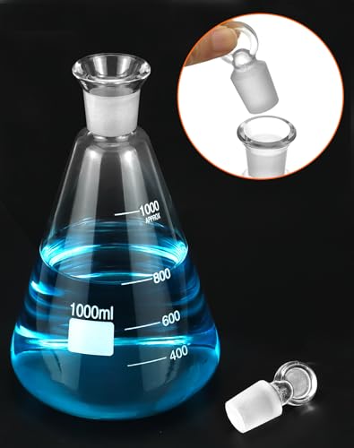 QWORK 1000ml Lodine Flask with Stopper, Thick Wall Flask with 24/29 Standard Conical Outer Connection, Heavy Duty Borosilicate Glass Erlenmeyer Flask Interchangeable Stopper, Conical Shape
