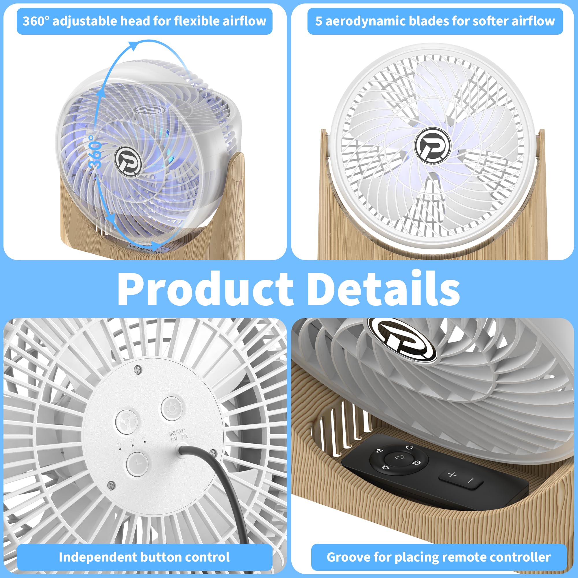 PELANZENHAU 8 inch Table Fan with Remote, USB Powered Desk Fan with RGB Light & Timer, 3 Strong Speeds & 360° Pivot Adjustable, Desktop Air Circulator Fan for Home Office Dorm RV Bedroom Travel
