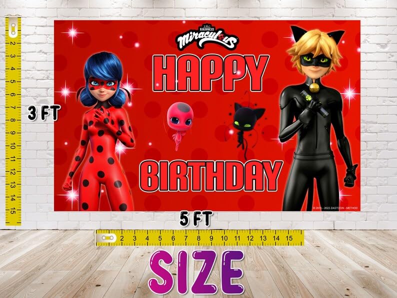 5x3 FT Miraculous Ladybug Backdrop for Birthday Party Decorations. Cartoon Miraculous Ladybug Background for Theme Birthday.
