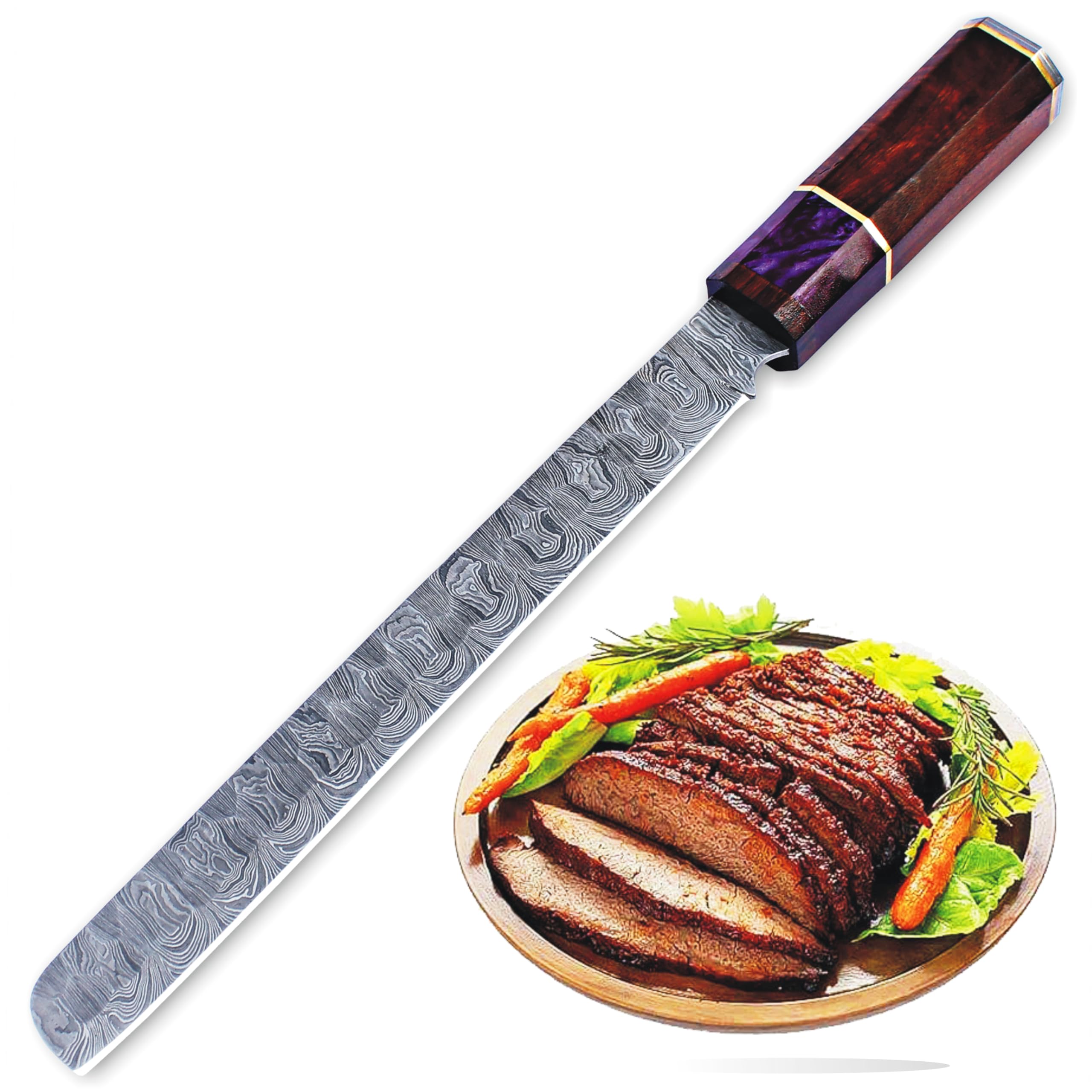 Wootzex 14” Damascus Chef Knife For Men & Women, Handmade Full Tang Brisket Knife With Wooden Handle, Razor Sharp Carving Knife For Meat Cutting, Professional Kitchen Knife For BBQ Veggies & Fruits