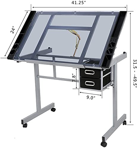 JupiterForce Adjustable Drafting Table Drawing Desk Art Desk Versatile Art Craft Work Station Glass Tabletop w/2 Slide Drawers and Wheels for Reading, Writing, Painting Home Office