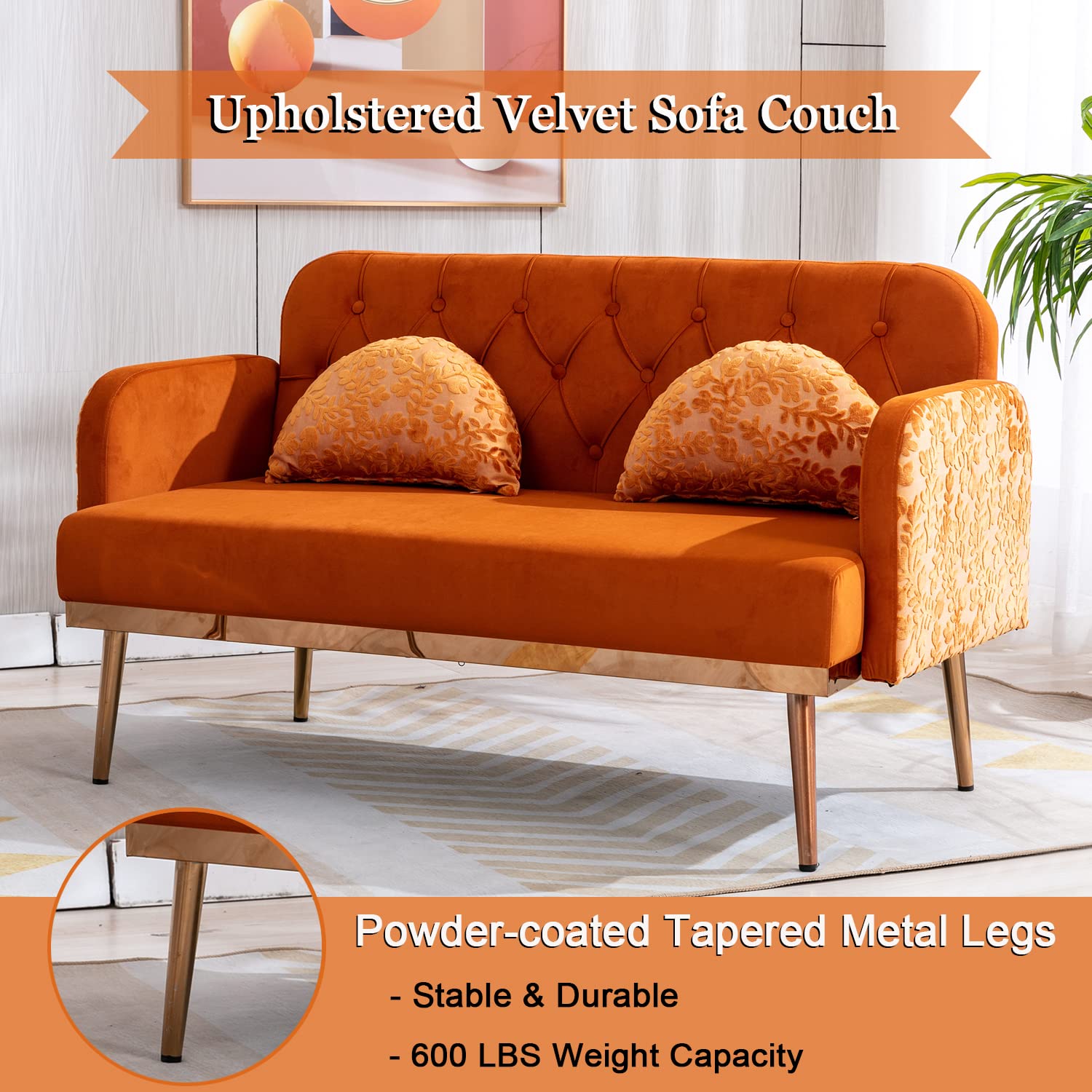 55-inch Small Velvet Couch with Elegant Moon Shape Pillows, Twin Size Loveseat Accent Sofa with Golden Metal Legs, Living Room Sofa with Tufted Backrest, 600 Pounds Weight Capacity, Orange
