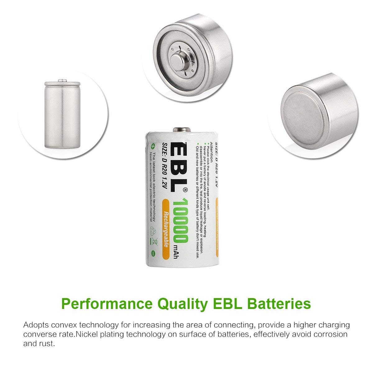 EBL D Cell Batteries 10,000mAh Ultra Pro Ni-MH Rechargeable D Batteries, 4-Pack(Battery Storage Case Included)
