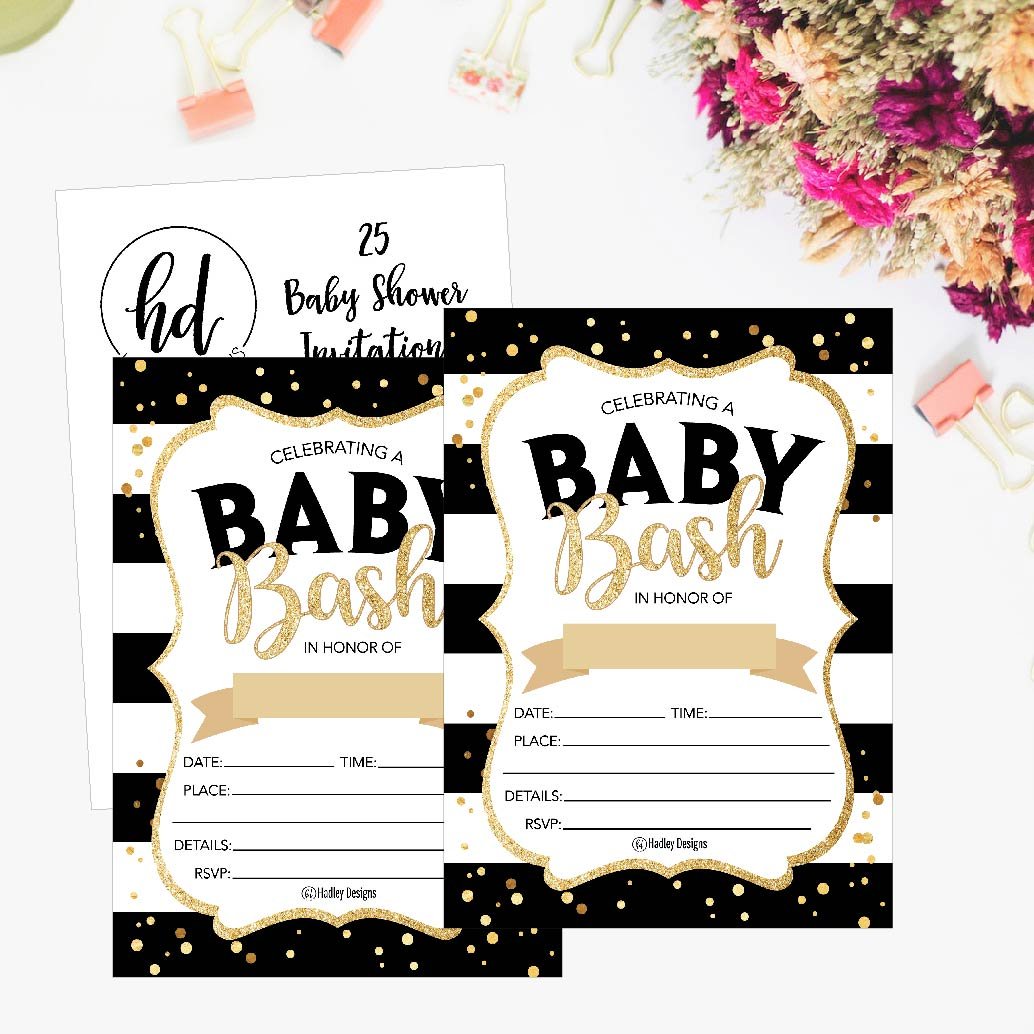 Hadley Designs - Black Gold Bash Baby Shower Invitations, Printable Shabby Chic Unique Custom Vintage Coed Twin Sprinkle Party Card Stock Paper Supplies - 25 Set
