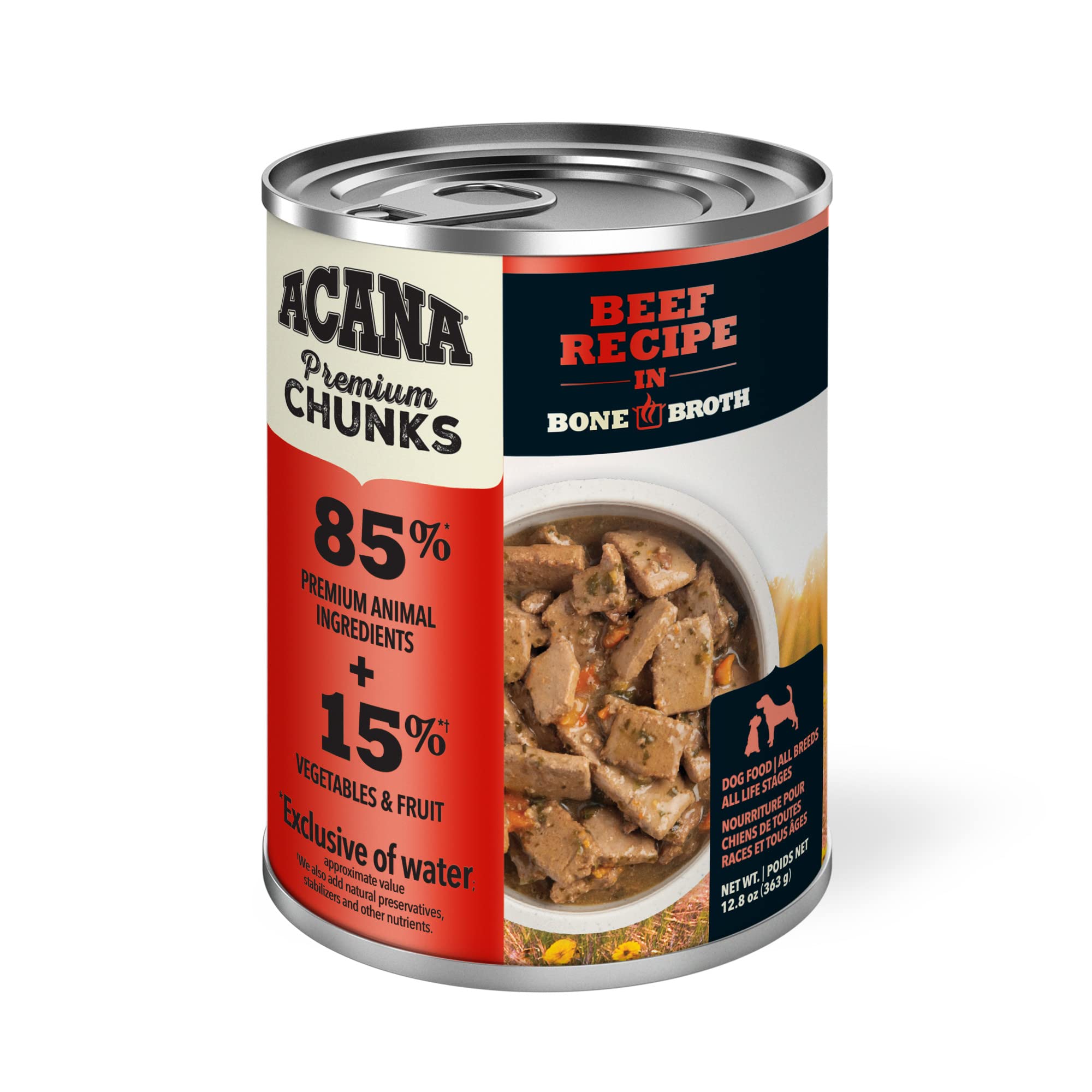 ACANA Premium Chunks Wet Dog Food, Beef Recipe in Bone Broth, 12.8oz (Case of 12)