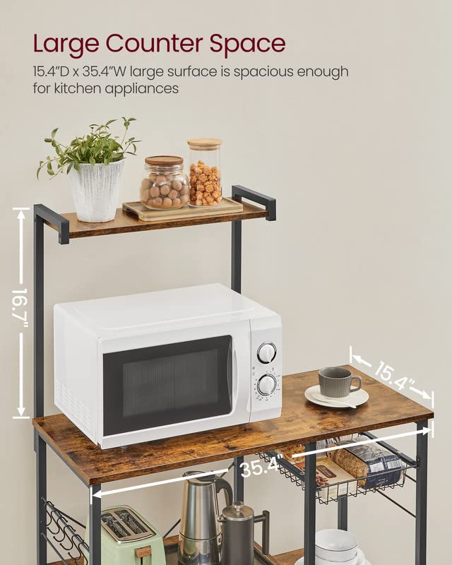 VASAGLE Baker's Rack, Microwave Stand, Kitchen Storage Rack with Wire Basket, 6 Hooks, and Shelves, for Spices, Pots, and Pans, Rustic Brown and Black UKKS35X