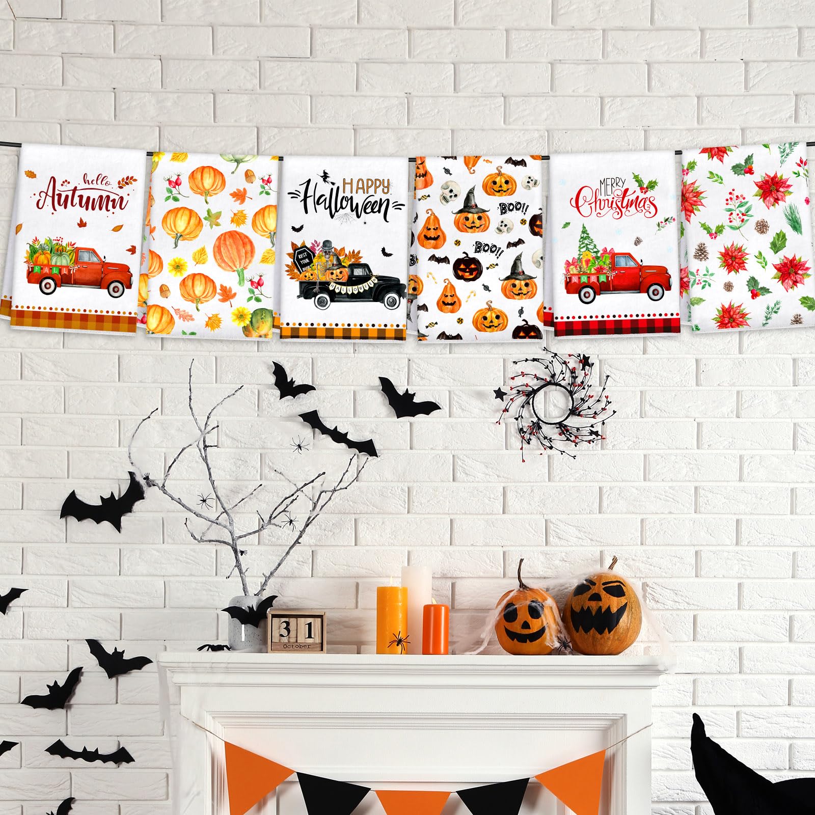 6 Set Holiday Kitchen Towels for Halloween Fall Christmas Decorative Dishtowels,Halloween Hand Towels Absorbent Dishcloths Autumn Tea Towels Wash Cloths for Thanksgiving Christmas Kitchen Decor