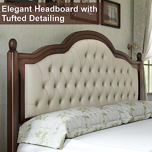 AMERLIFE Solid Wood Bed Frame Queen Size, Transitional Platform Bed with 52.5" Upholstered Tufted Headboard, Rubberwood/Roman Column Accents/Wood Slat Support/No Box Spring Needed