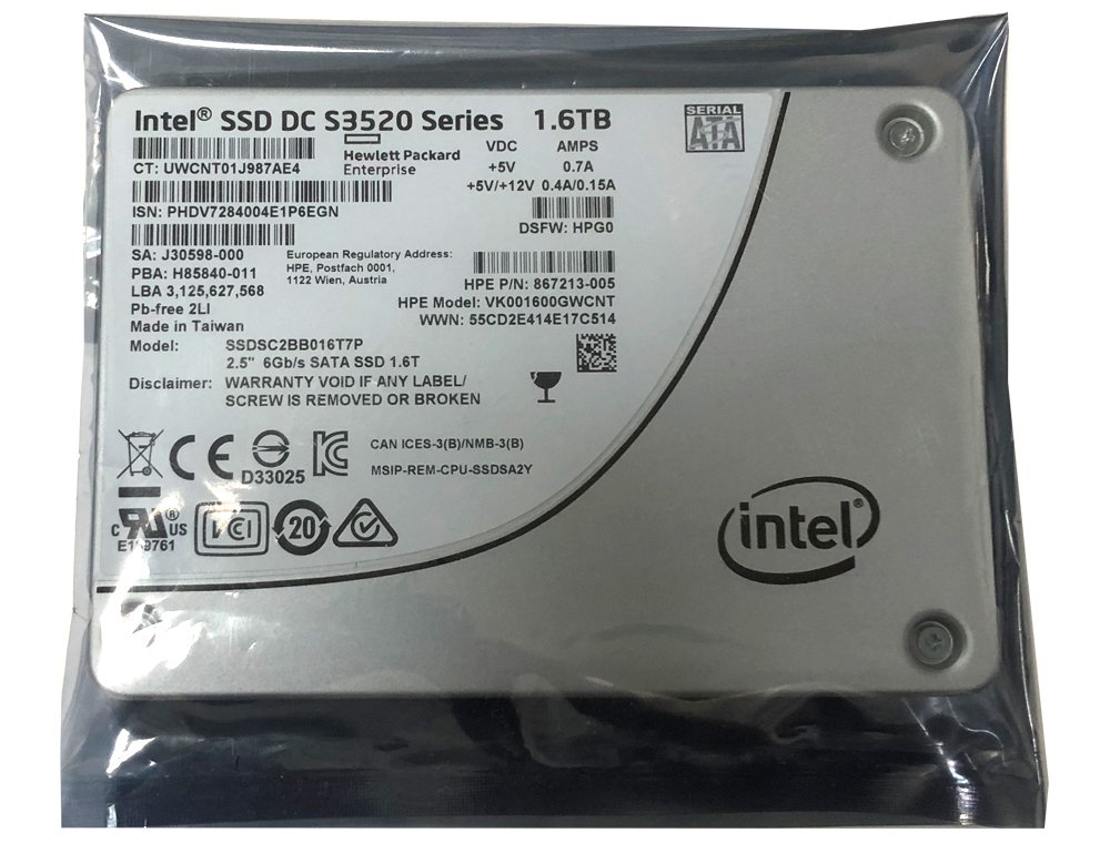 HP 867213-005 Intel DC S3520 Series 1.6TB 2.5-inch 7mm SATA III MLC (6.0Gb/s) Internal Solid State Drive (SSD) SSDSC2BB016T7P Model VK001600GWCNT - New OEM w/ 5 Years Warranty