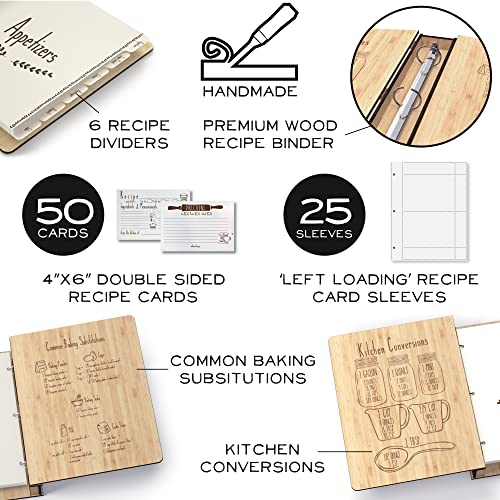 Bamboo Recipe Book Binder (3 Ring) - Includes 25 Plastic (8.5" x 11") Left Loading Sleeves (Holds 50 Recipe Cards) - 50 (4"x6") Double Sided Recipe Cards - 6 Index/Recipe Dividers
