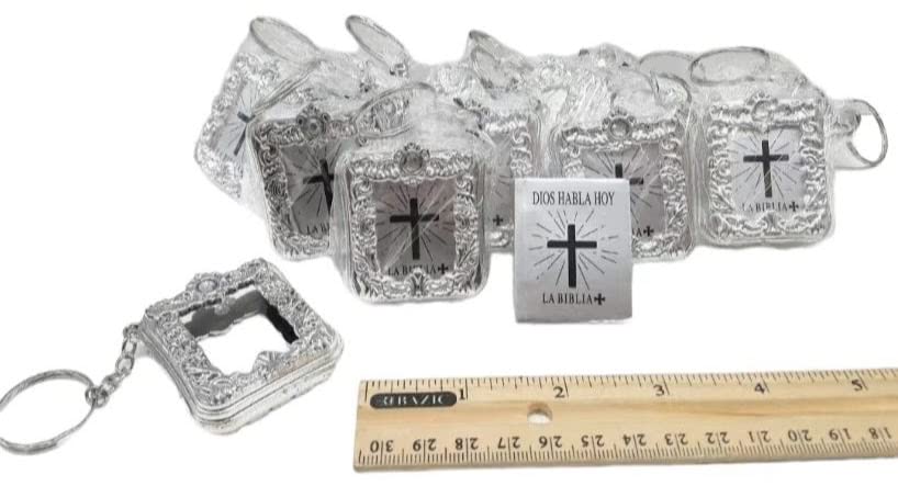 CL Gift 12 x Mini Bible Keychain English Spanish Gold Silver Holy Bible Religious Favor/Baptism Favor/First Communions, Baptism, Wedding Shower (Spanish (Silver))
