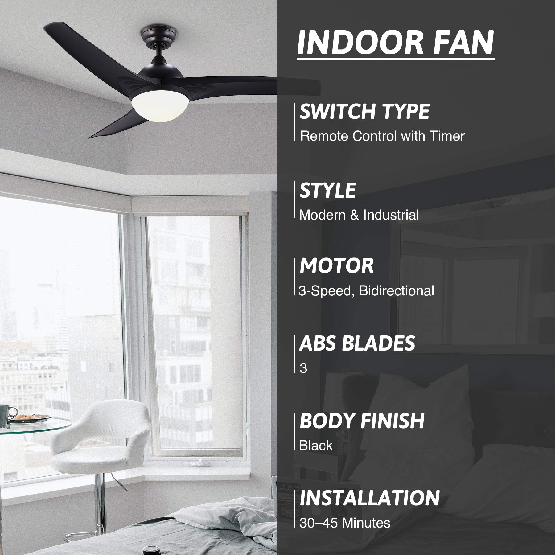 52'' Modern Ceiling Fan with Lights and Remote, Contemporary Black Ceiling Fans with LED Light for Bedroom, Living Room, Kitchen, Industrial Ceiling Fan with 3 ABS Blades Reversible