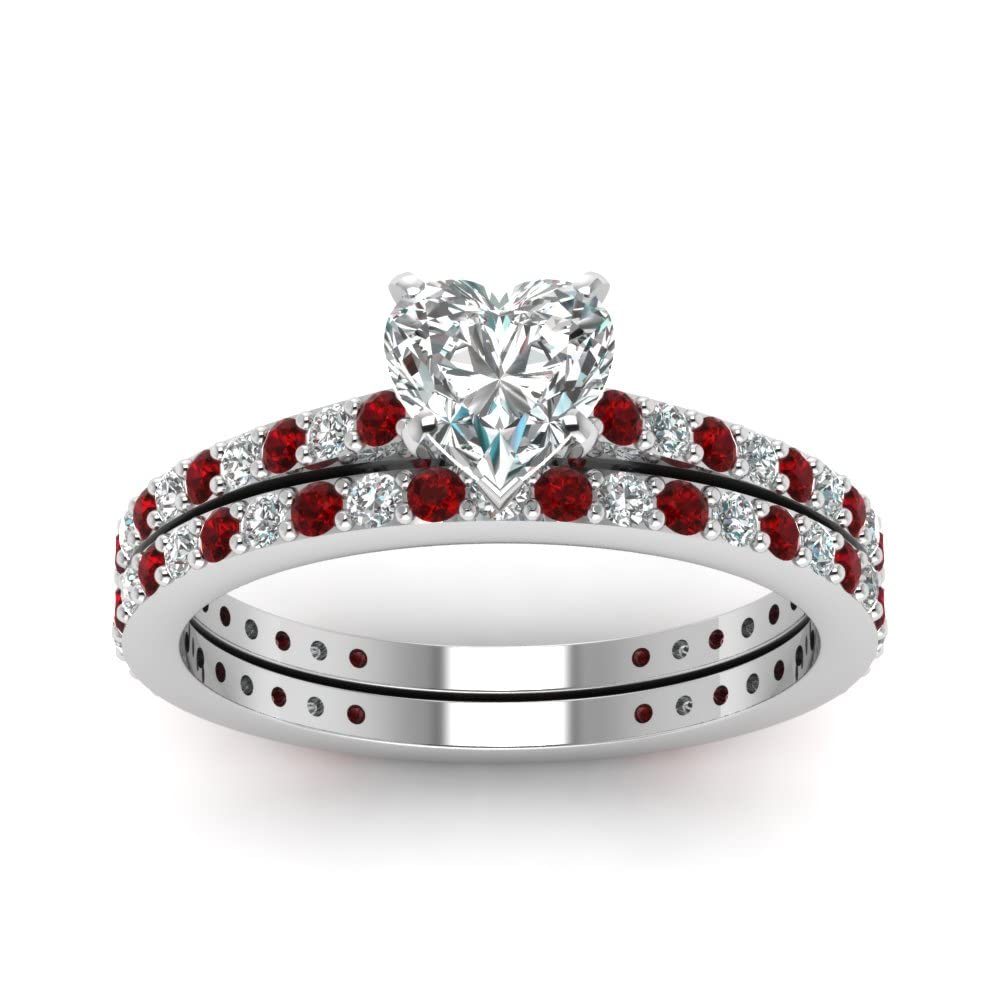 55Carat Classic Delicate Diamond Wedding Set sterling silver Created Ruby Heart shape Red color Petite Engagement Rings prong Setting in Size 7 Minimal Surprise Gifts for Ladies