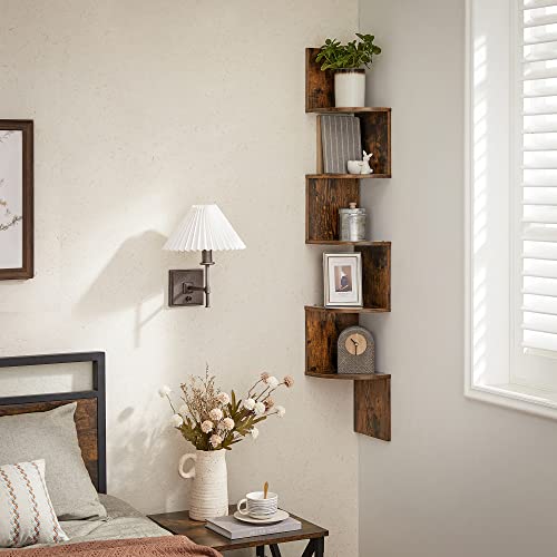 VASAGLE Corner Shelf Wall Mount, 5-Tier Floating Corner Bookshelf, Plant Shelf for Bedroom, Living Room, Bathroom, Office, Rustic Brown ULBC72BX