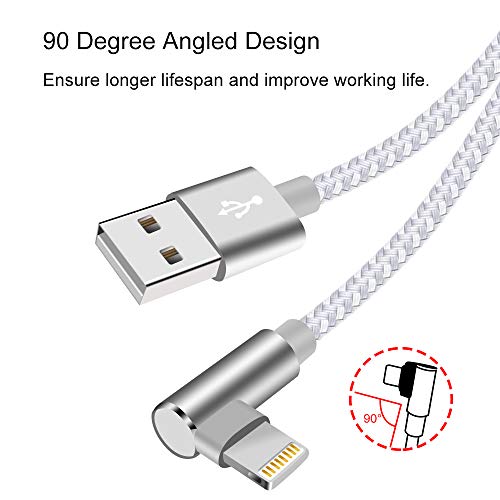 Quickeep Lightning Cable 10ft 90 Degree iPhone Charger 3 Pack Right Angle iPhone Charging Cable Durable Nylon Braided Sync Fast Charger Cord Compatible with iPhone 14/13/12/11/Xs/XR X/8/7 (Silver)