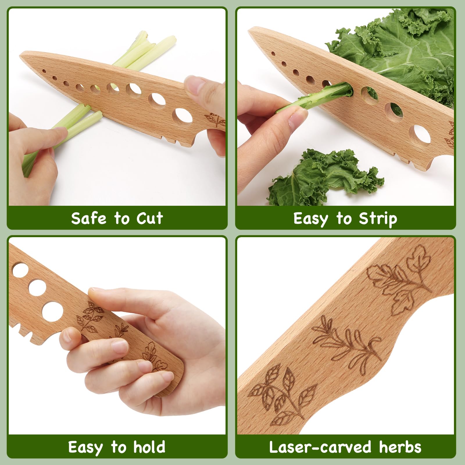 Wooden Herb Stripper Knife Leaves Cutter， Rustic Safe Kitchen Tool for Chopping with Engraved Parsley, Cilantro, Basil, Thyme, Rosemary, Sage Cooking Birthday Christmas Gift for Him Her Mom Housewife