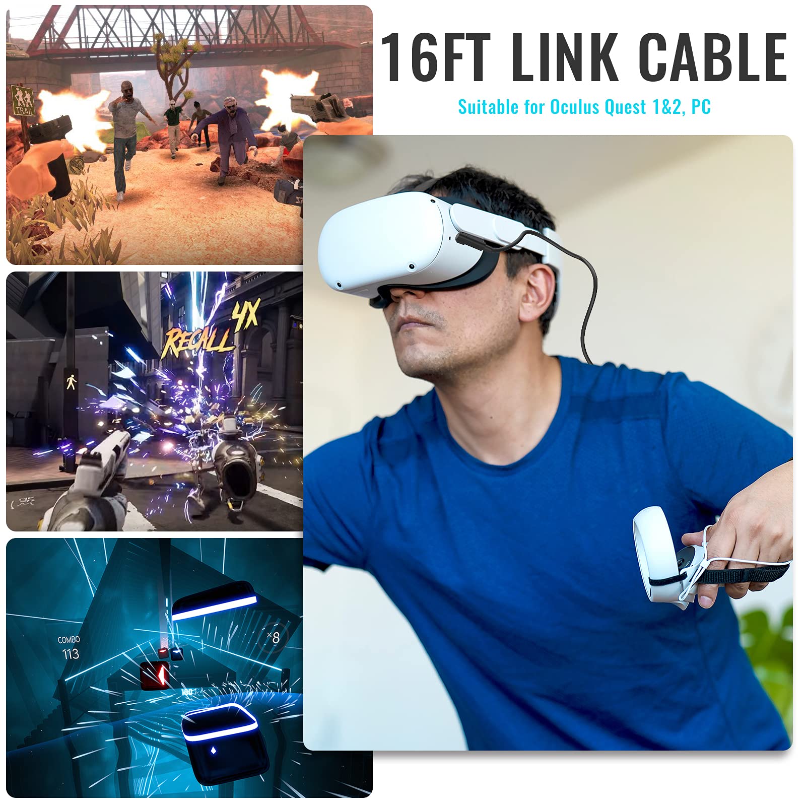 CHAFON Link Cable 16FT Compatible with Meta/Oculus Quest 2 Accessories and PC/Steam VR, High Speed & Stable PC Data Transfer, USB 3.0 to USB C Cable for VR Headsets and Gaming PC