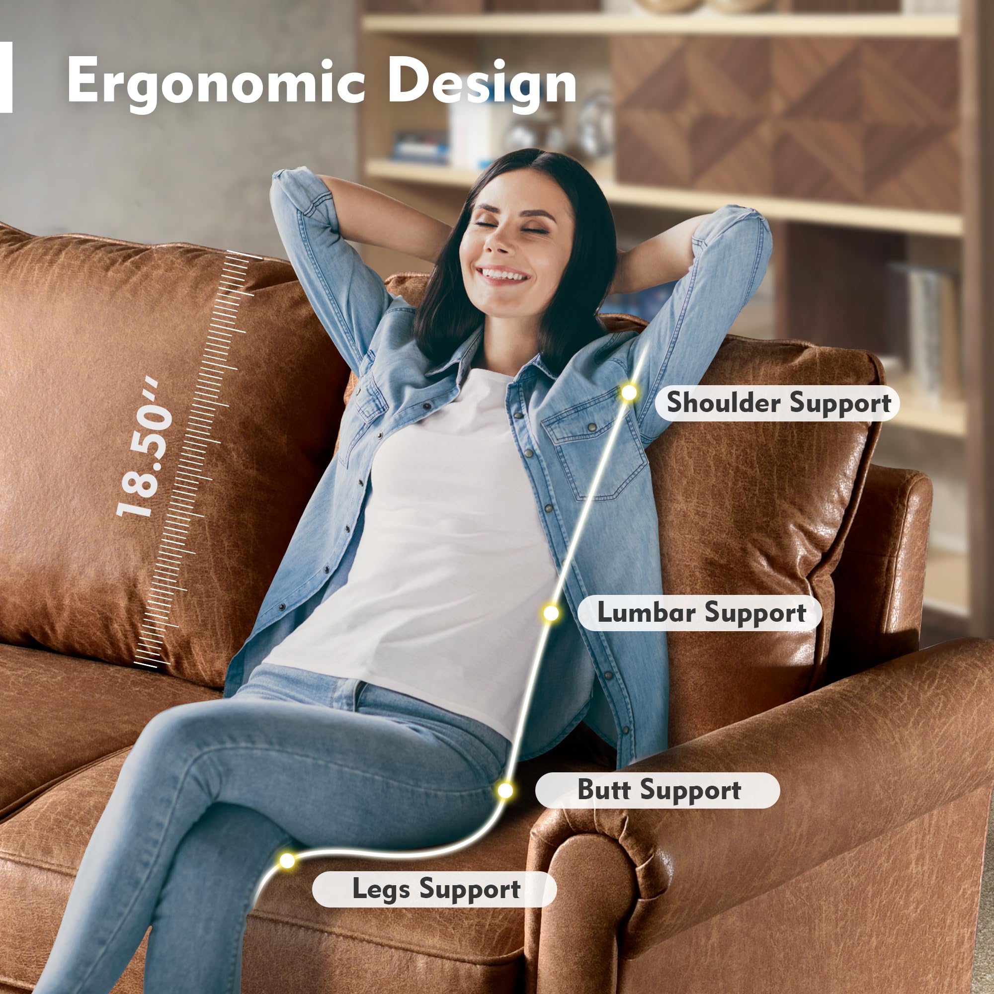 ALTRIGUS 3 Seater Couch with Luxury Faux Leather,Mid Century Modern Sofa with Comfortable Deep Seat,Comfy Upholstery Couches with for Small Space Living Room Bedroom (Brown)