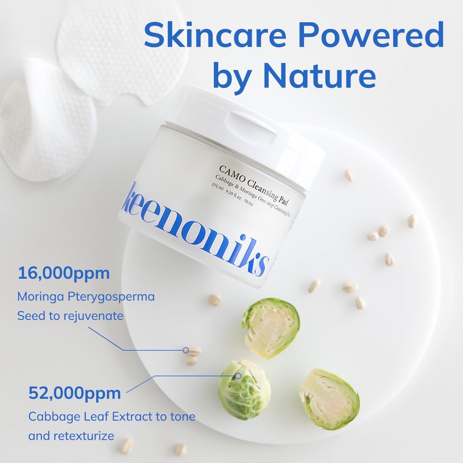 Keenoniks Dual Texture Cleansing Pads with Facial Essence 70ea Large Value Pack- Cabbage & Moringa Wipes for Quick Cleansing, Makeup Remover, Mild Exfoliator | Korean Skincare - (9.29Oz)