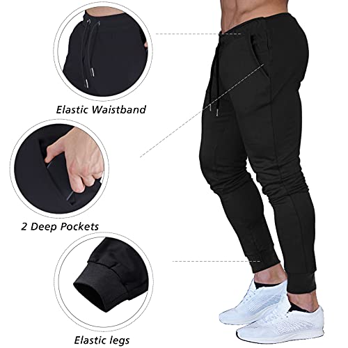 BUXKR Men's Slim Joggers Workout Pants for Gym Running and Bodybuilding Athletic Bottom Sweatpants with Deep Pockets,Black,S