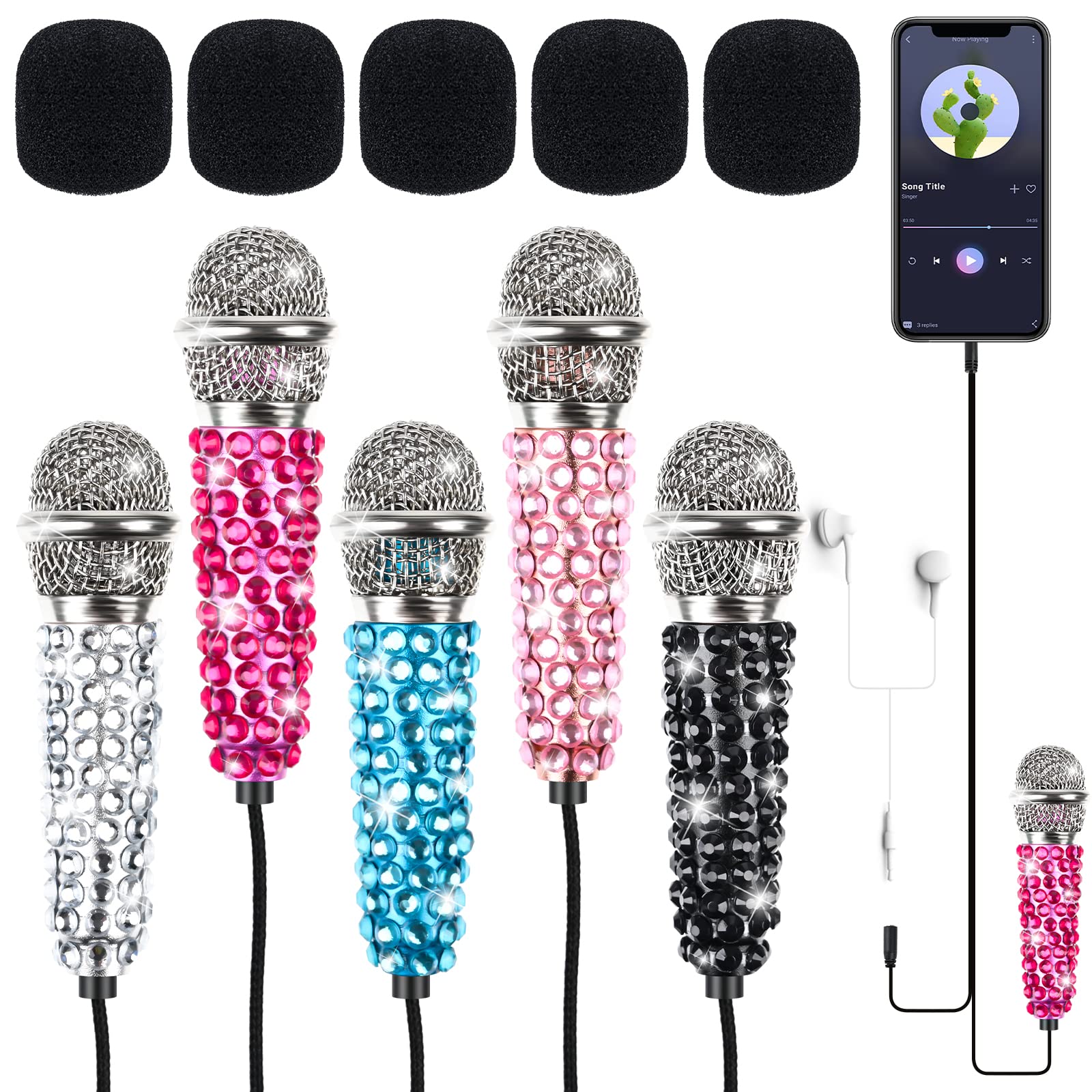 5PCS Mini Microphone Portable Vocal Instrument Tiny Phone Microphone Asmr Karaoke Microphone with 5 Pieces Rhinestone Stickers | 3.5mm Audio Connector Suitable for Apple Android Mobile Phone Laptop