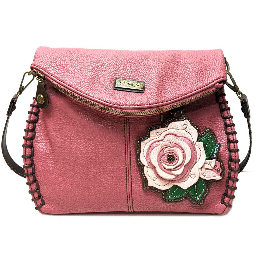Chala Charming Crossbody Bag With Flap Top | Flap and Zipper Cross-Body Purse or Shoulder Handbag with Metal Chain - Pink (PInk Rose)