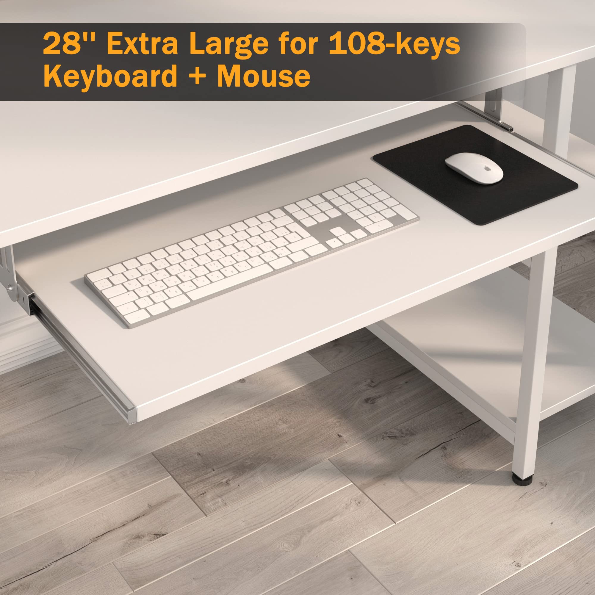 55 IN White Desk with Power Outlet & USB Ports, Reversible Computer Desk with Keyboard Tray Hutch Storage Shelves Monitor Stand, Gaming Desk Home Office Desk Study Writing Workstation, Easy Assembly