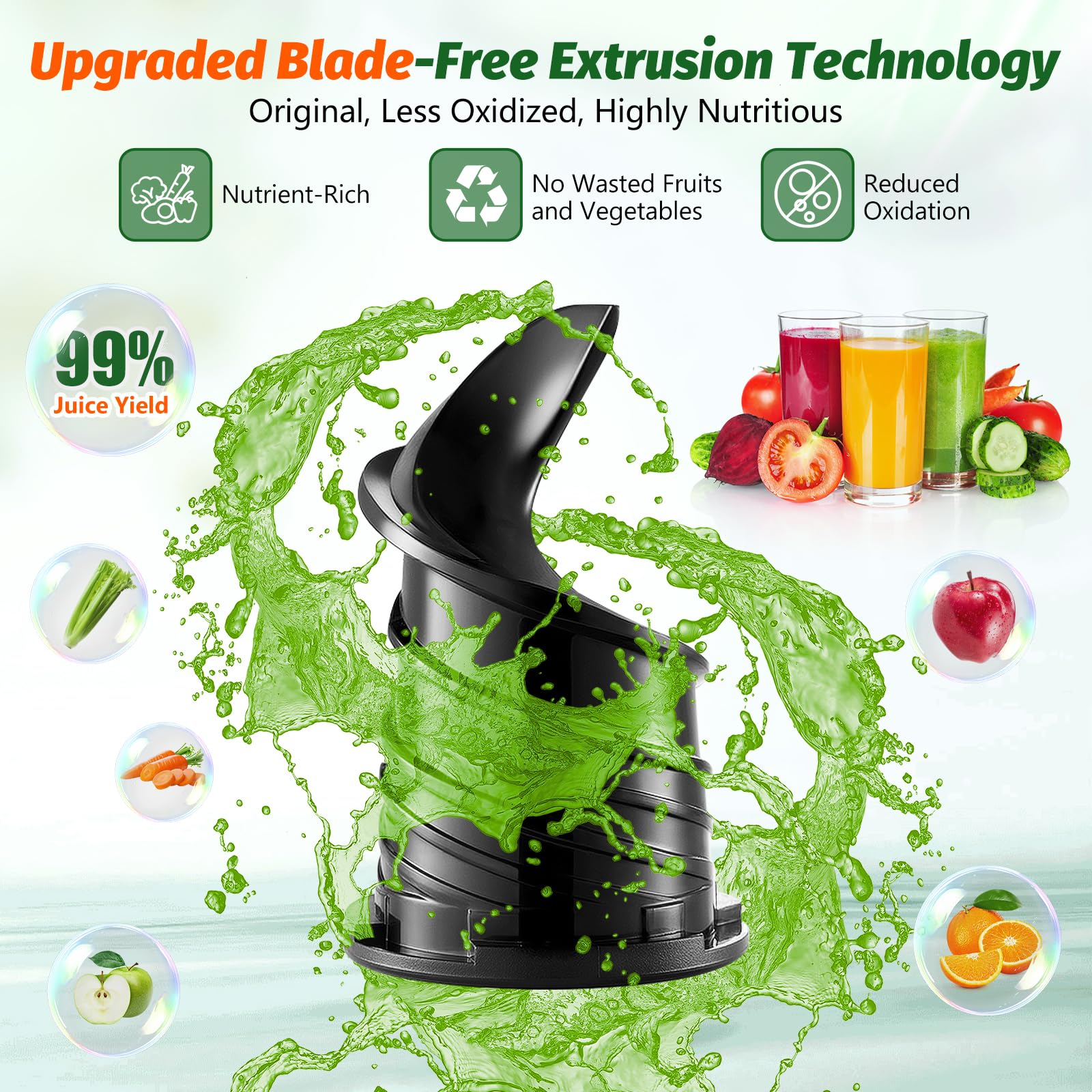 LQZ Cold Press Juicer,Slow Masticating Juicer Machines,350W Juice Extractor Machine,5.3" Large Bore Feed Chute Fit Whole Vegetables and Fruits,Easy to Clean Juicer(Black)