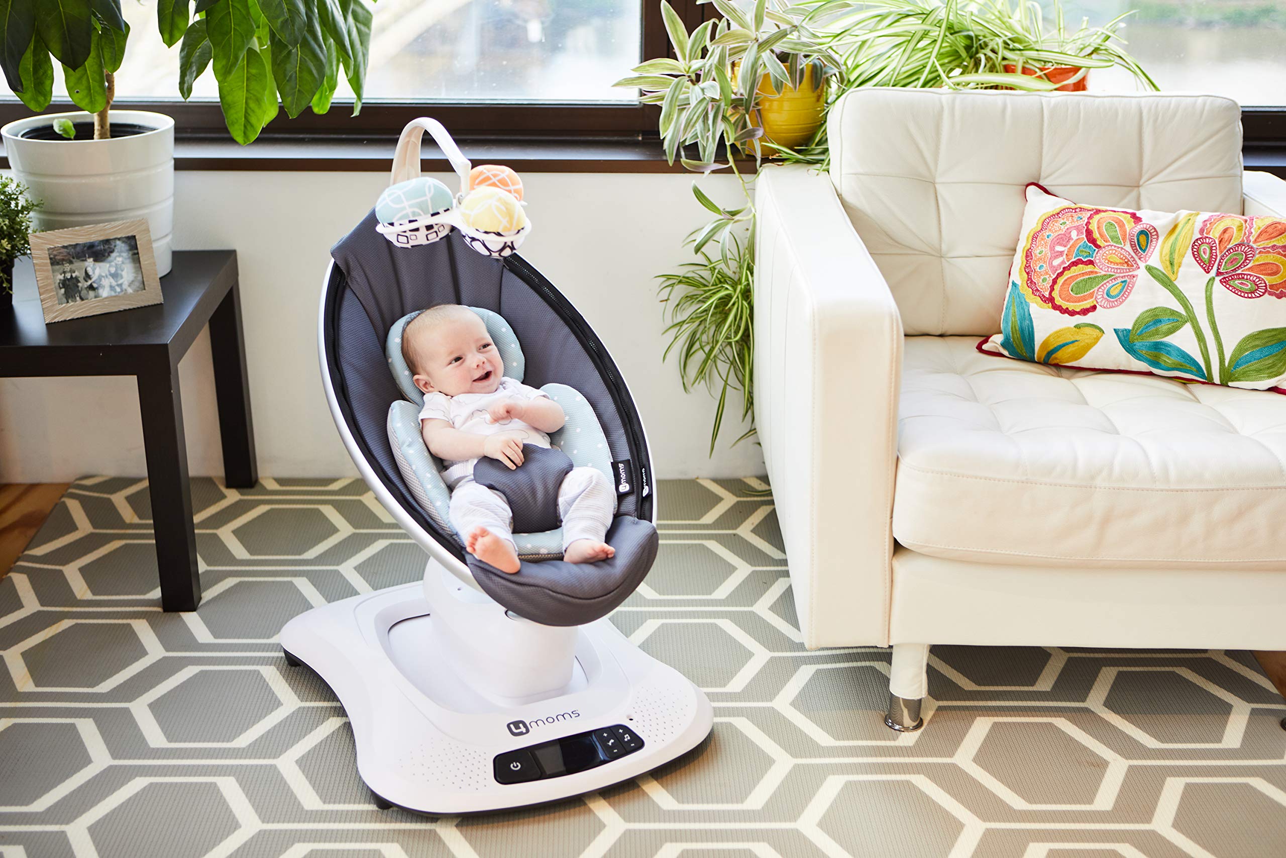 4moms mamaRoo 4 Multi-Motion Baby Swing + Safety Strap Fastener, Bluetooth Baby Swing with 5 Unique Motions, Cool Mesh Fabric, Dark Grey