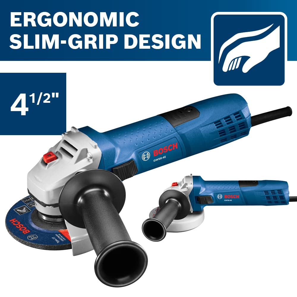 BOSCH 4-1/2 Inch Angle Grinder GWS8-45 with BOSCH DB4542S 4-1/2-Inch Turbo Rim Diamond Blade, Silver