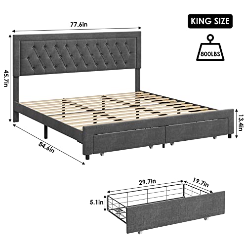 King Bed Frame with 2 Storage Drawers, Fabric Upholstered Platform Bed Frame with Deep-set Pattern Button Tufted Headboard, Sturdy Wood Slats Support Mattress Foundation, No Box Spring Needed, Grey
