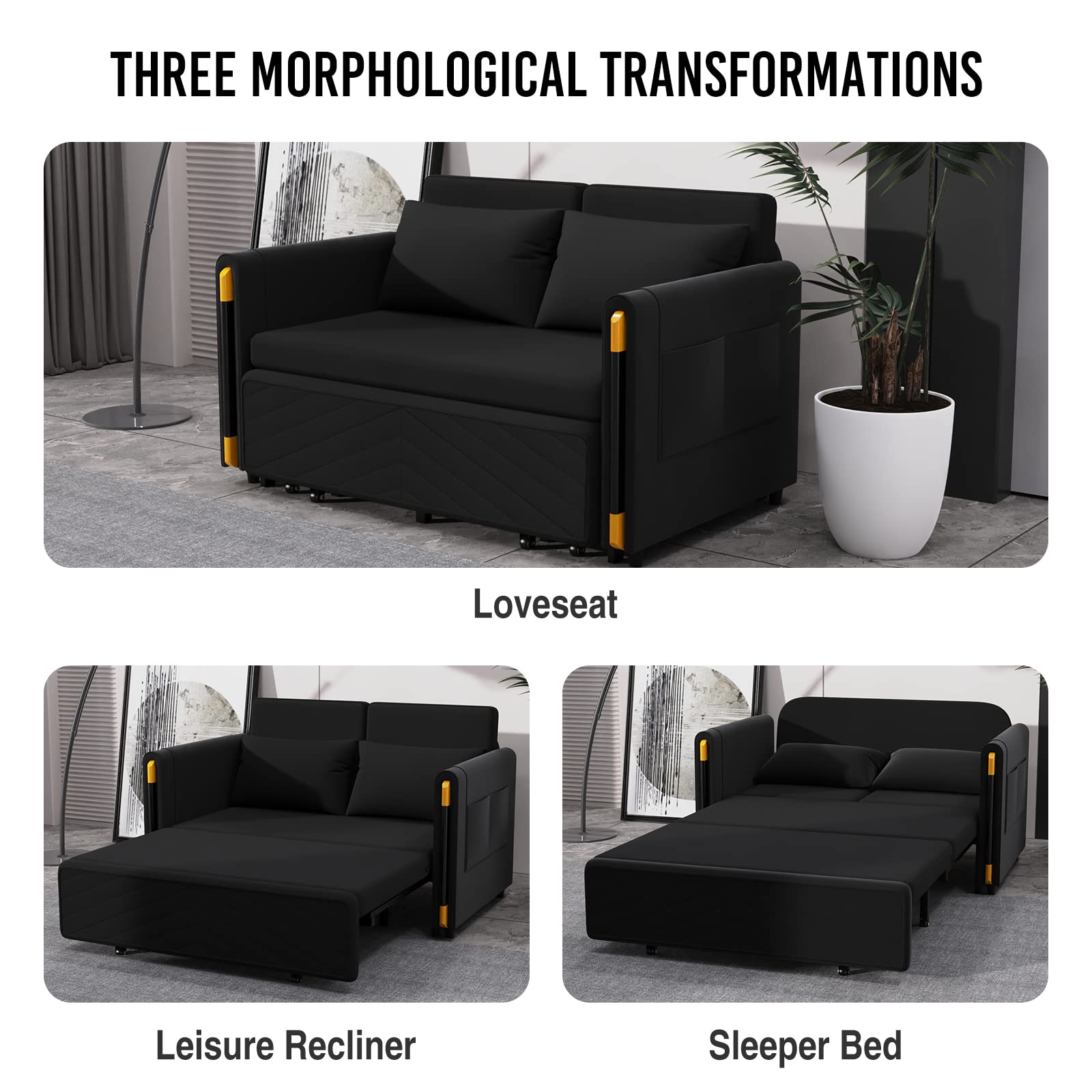 54" Pull-out Sofa Bed, 3 in 1 Linen Fabric Modern Convertible Sleeper Sofa 2-Seater Loveseats with Two Pillows and Arm Pockets for Living Room, Home, Office, Bedroom - Black