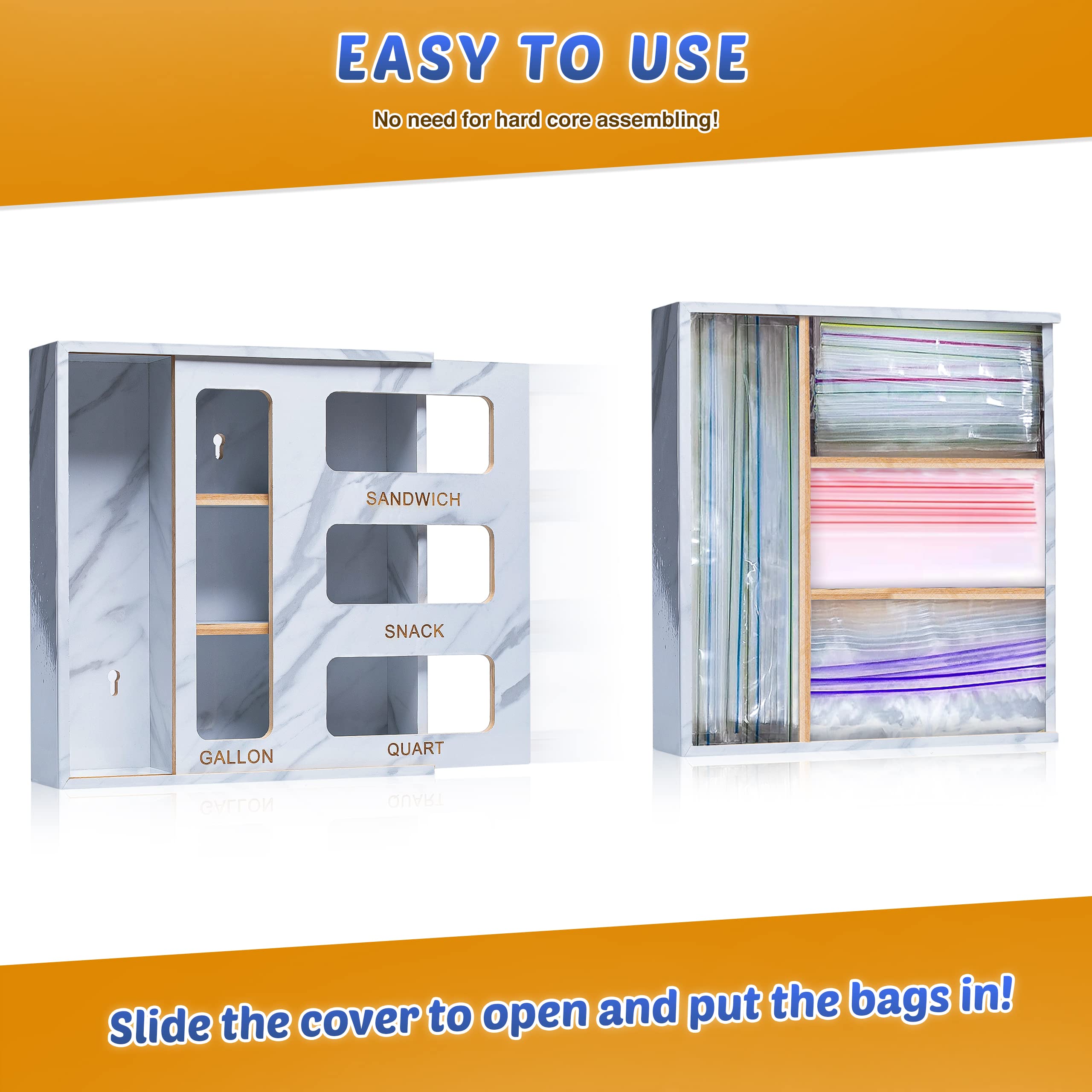 Bamboo Ziplock Bag Storage Organizer with Modern Marble Wrap Finish, Storage Holder for Plastic Food Bags, Sandwich, Quart, Snack, and Gallon Sized Slots