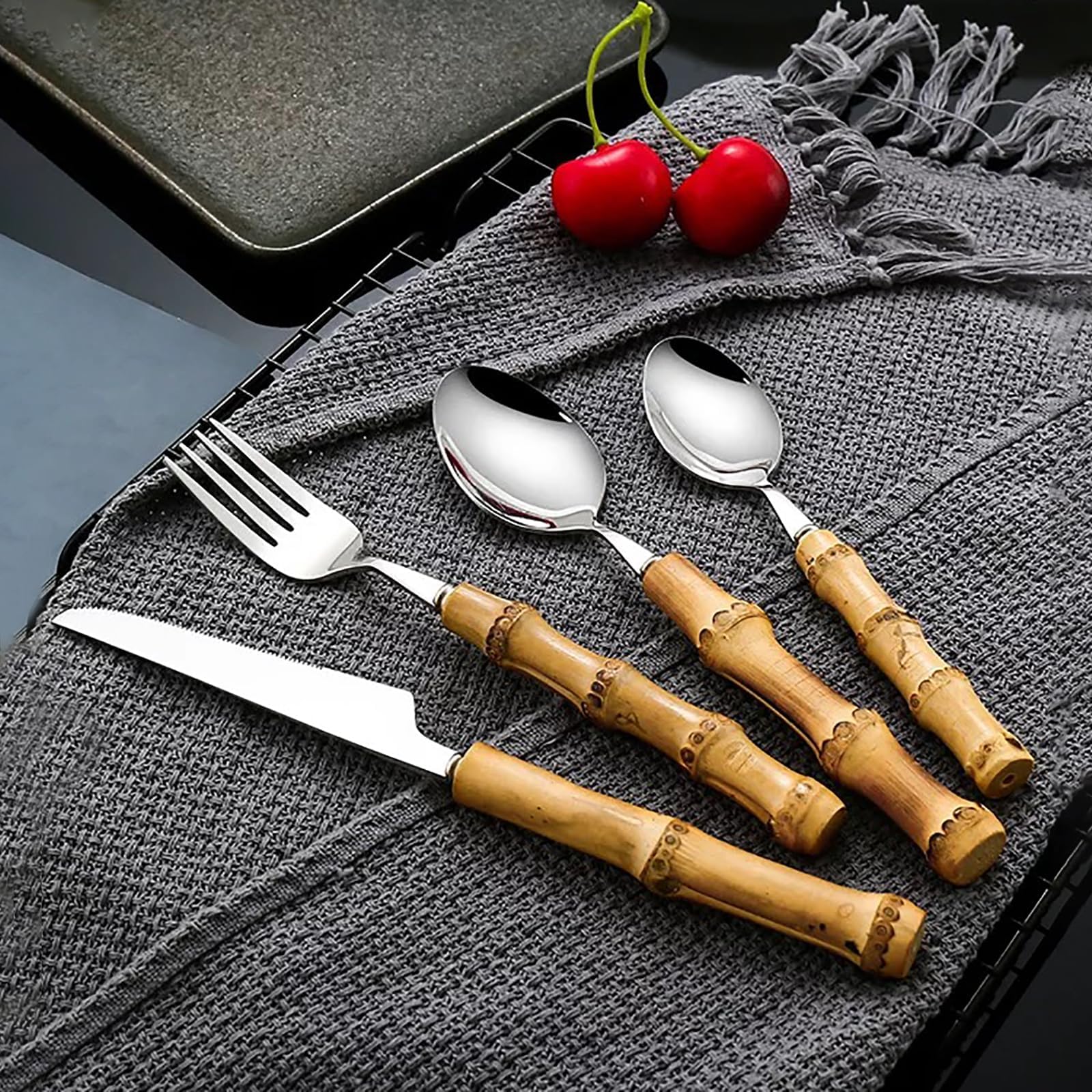 bamboo cutlery set,30-piece bamboo silverware set,bamboo handle flatware, bamboo 18/10 flatware service for 6, bamboo forks and spoons for eating,dishwasher safe (30 piece for 6)