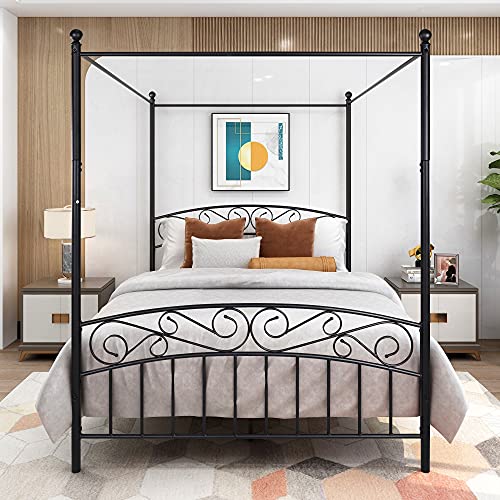 USIIN Queen Size Metal Canopy Bed Frame with Headboard and Footboard Black