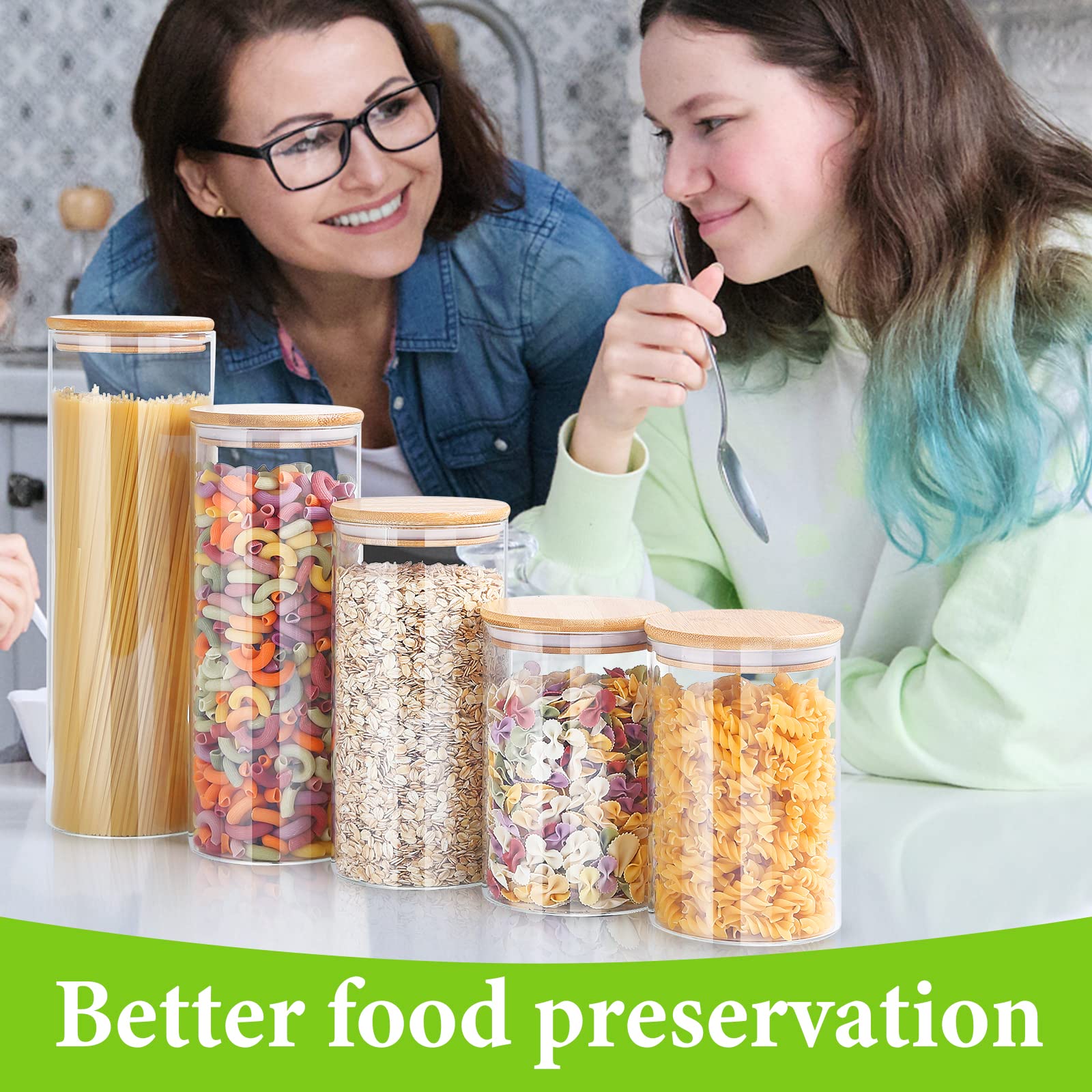 ABUVOV 5PCS Glass Storage Jars with Airtight Bamboo Lid Food Storage Containers Stackable Kitchen Cylinder Canisters for Candy, Cookie, Sugar, Flour, Pasta, Nuts and Spice Sealing and Preserving