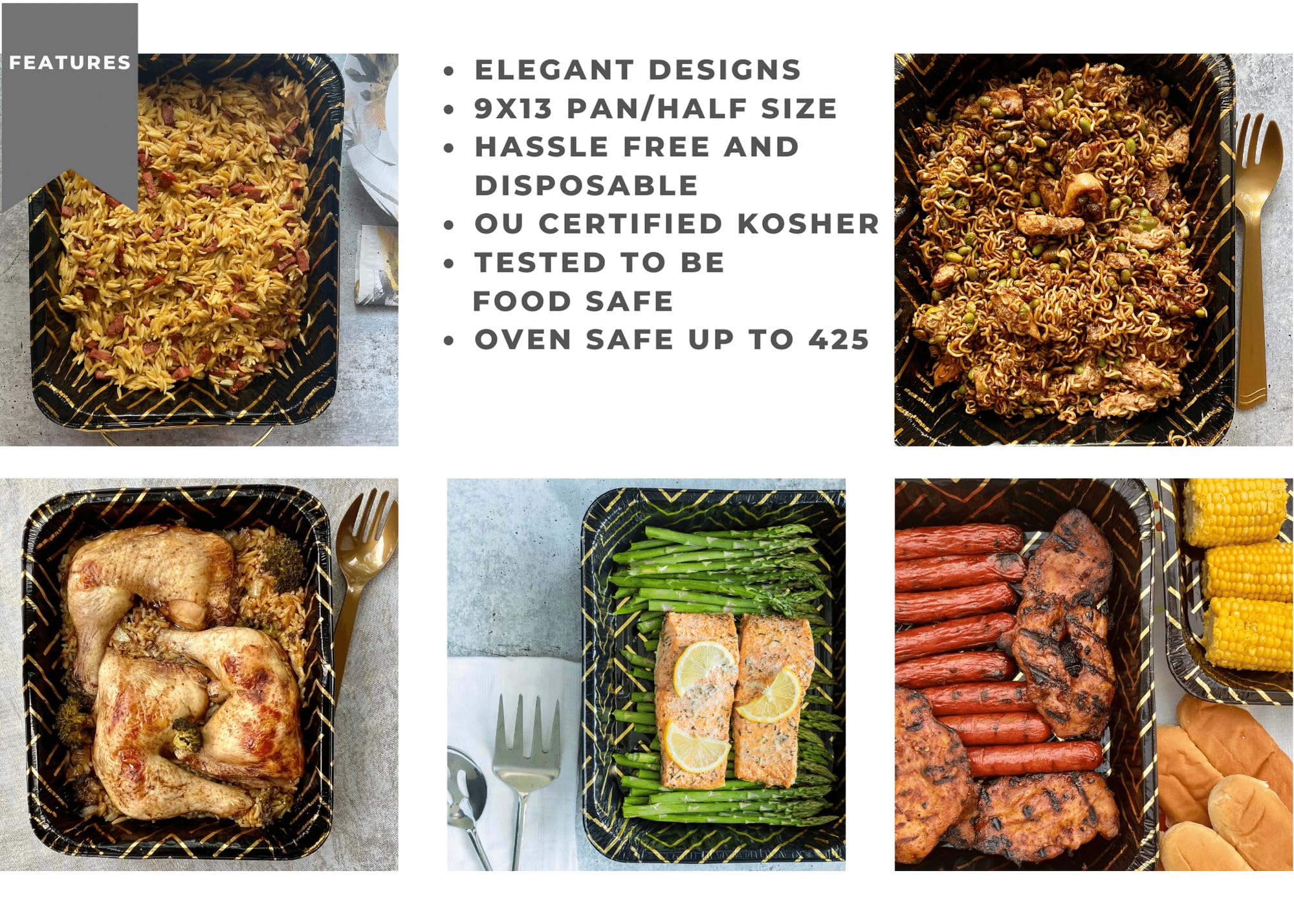 Aluminum Foil Pans 9x13 Disposable [10 Pack] Elegant Color Pan Trays with Food Containers for Roasting, Cooking, Heating, Disposable, Perfect for Hosting and Entertaining. (Black & Gold 10 Pack)