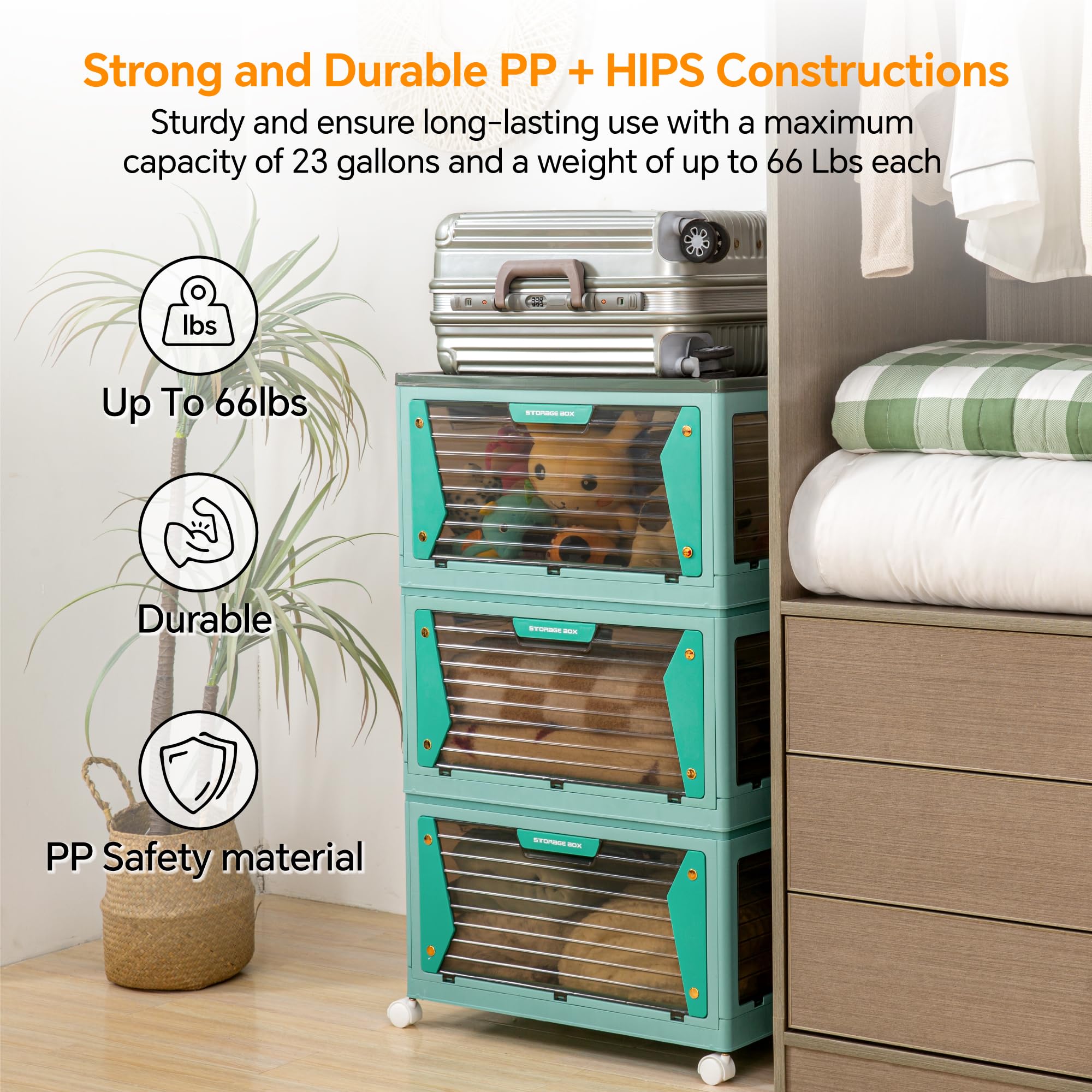 Homeforce Collapsible Storage Bins with Lids and Wheels, Plastic Foldable Storage Box with 5 doors for Home Dorm Bathroom Organizing, Suitable for kids over 6