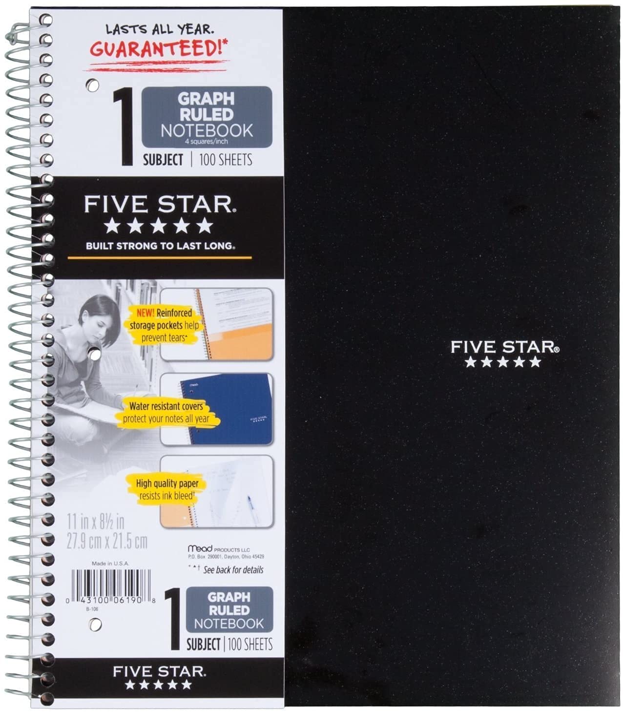Five Star Spiral Notebook, Graph Ruled, 1 Subject, 8.5 x 11 Inches, 100 Sheets, Assorted Colors (06190), Pack Of 6