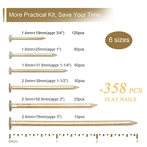 6 Sizes Gold Hardware Nails Assortment Kit, 358pcs, Brass Plated, Nails for Hanging Pictures, Finishing Nails, Wood Nails, Wall Nails for Hanging (3β, 2β, 1-1/2β, 1-1/4", 1β, 3/4")