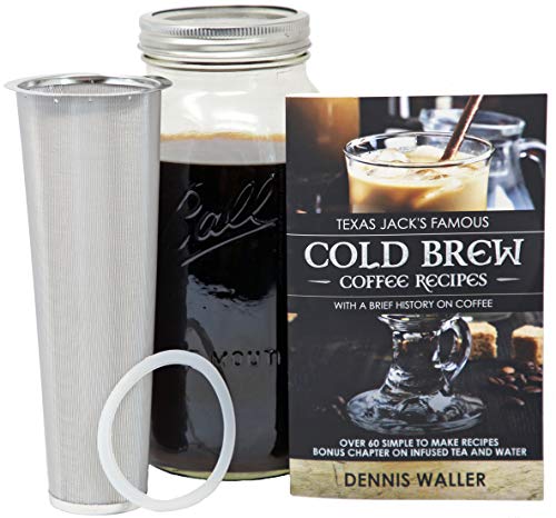 Cold Brew Coffee Maker Starter Kit - Half Gal Mason Jar | Stainless Filter Basket | Ceramic Burr Grinder | Half Pound Certified Organic Whole Bean Cold Brew Blend | Recipe & Instruction Book