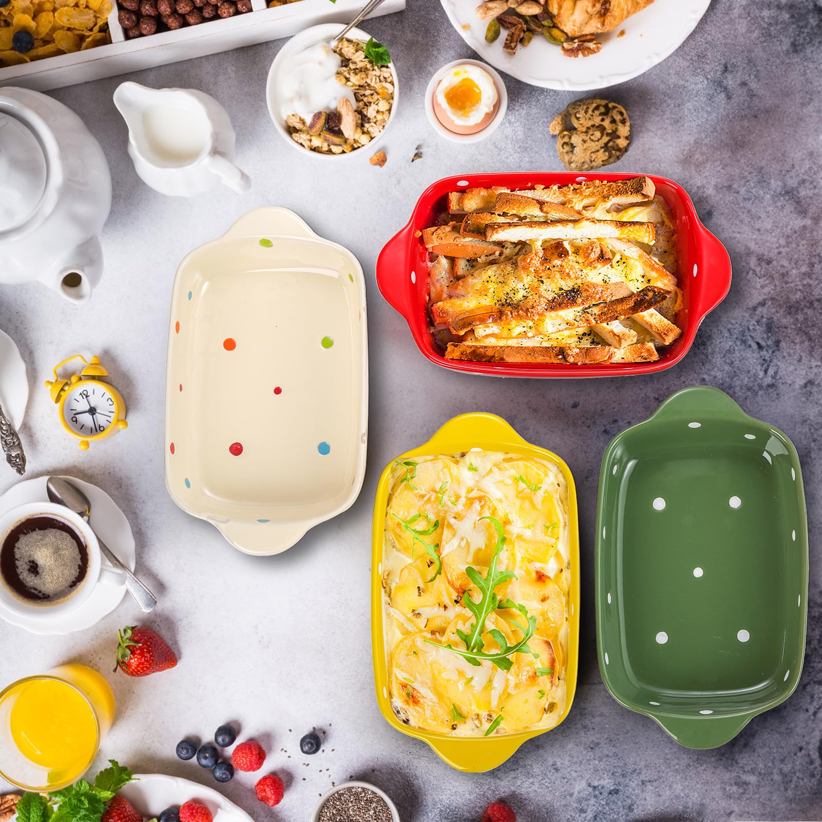 AVLA 4 Pack Porcelain Baking Dish, 7 Inch Ceramic Rectangular Small Baking Pan Baking Ramekin with Double Handles, 18 OZ Individual Baking Pans for Lasagna, Casserole Dish, Polka Dot