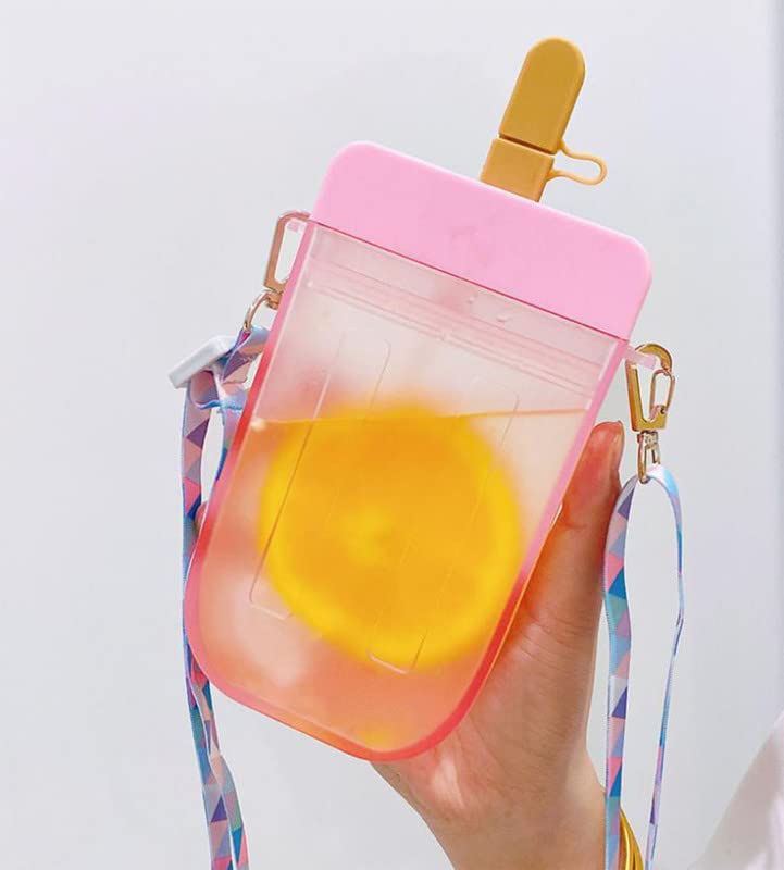 AGUDOU Cute Water Bottles with Straw, Sports Popsicle Water Bottle with Adjustable Shoulder Strap, Creative Portable Ice Cream Popsicle Cup for School Kids Girls Drinking Bottles Camping (pink)
