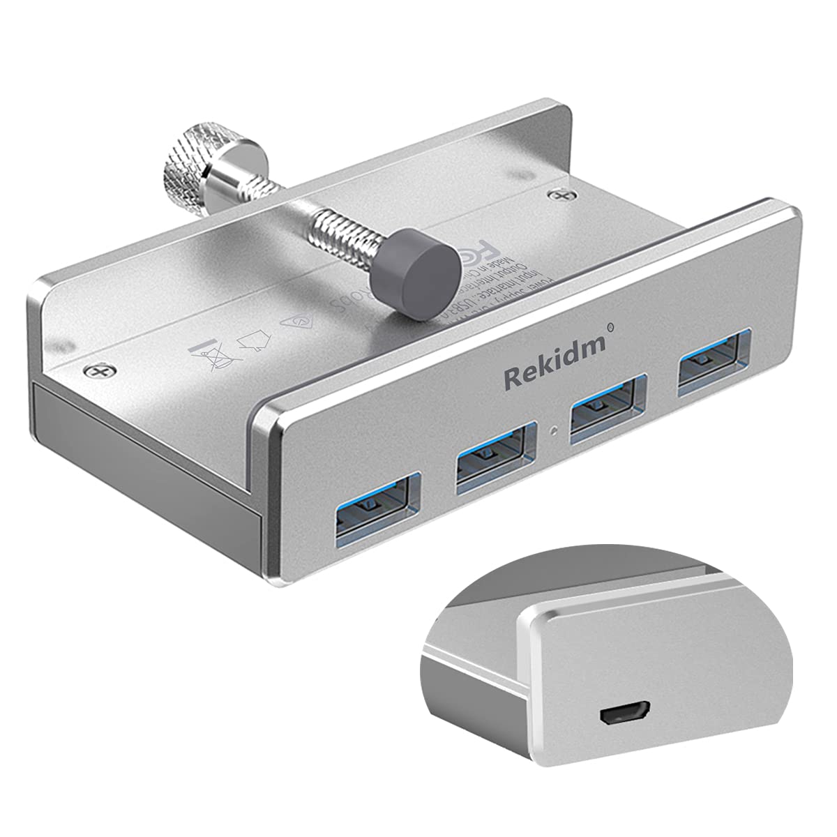Powered USB Hub 3.0 β Rekidm USB Hub with Extra Power Supply Port, Aluminum Clamp for Desktop, Computer, PC, Table Edge with Durable Adjustable Clip, Compact Space-Saving Mountable USB Hub (Silver)