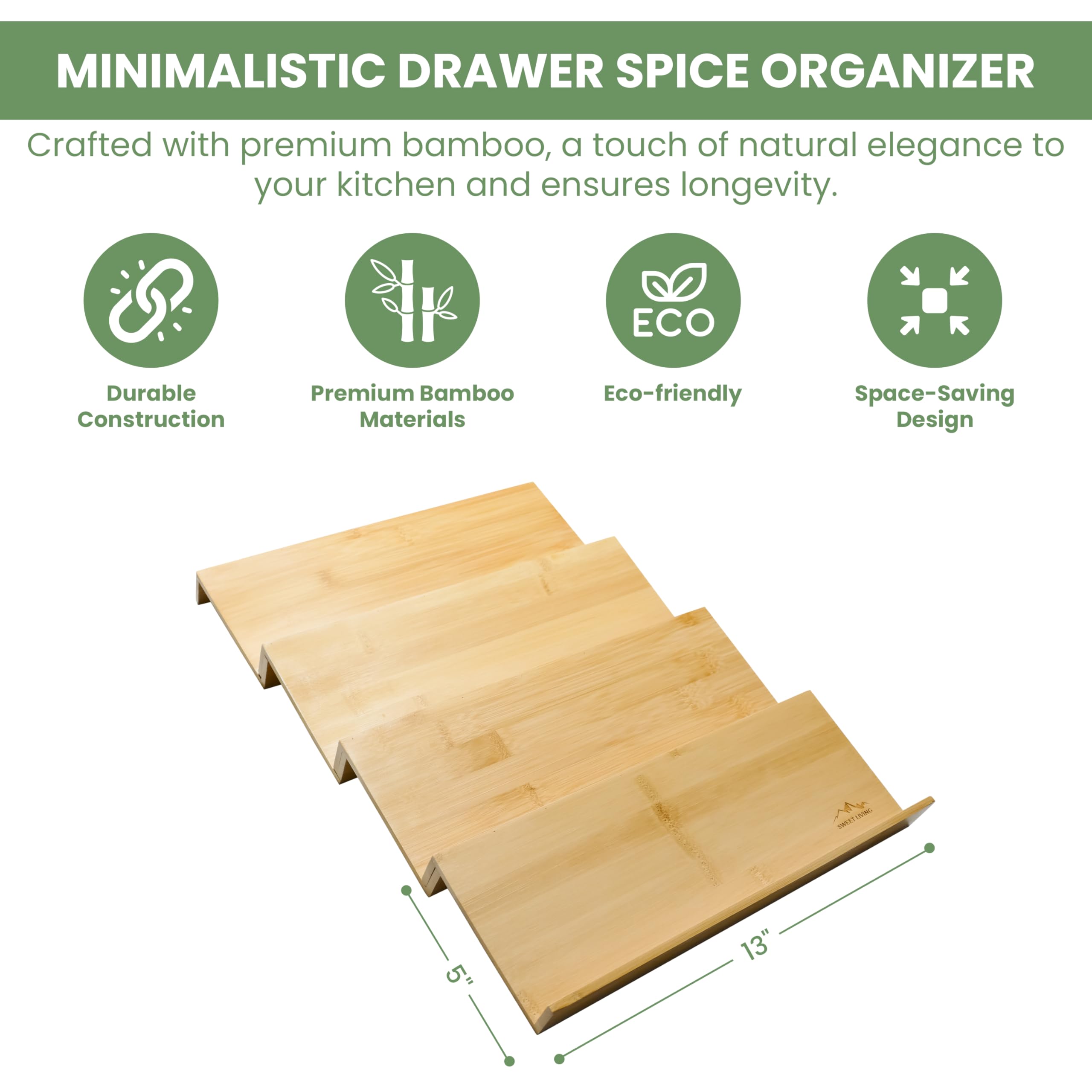 Bamboo Spice Drawer Organizer Insert for Shallow Drawers - 4 Tier In Drawer Spice Organizer (5" D x 13" W x 1.2" H)- Stackable Spice Rack for Drawer for Spice Organization- Drawer Spice Rack Organizer