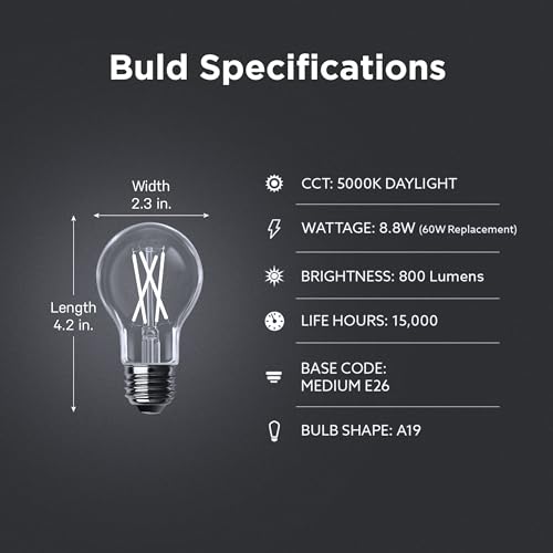 Feit Electric LED Built-in Dusk to Dawn Sensor Intellibulb - Clear Filament A19 with an E26 Medium Base Light Bulb - 60W Equivalent - 15 Year Life - 800 Lumen - 5000K Daylight