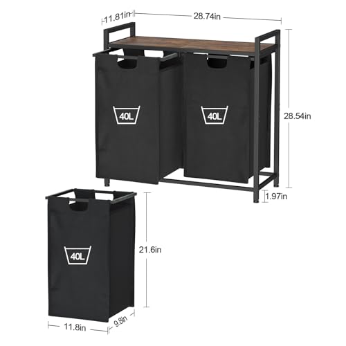 AMHANCIBLE Double Laundry Hamper, 2 Section Laundry Basket, Laundry Room Storage and Organization, Clothes hamper with Table, for Bathroom, Bedroom, Restroom, Rustic Brown HLS02BR