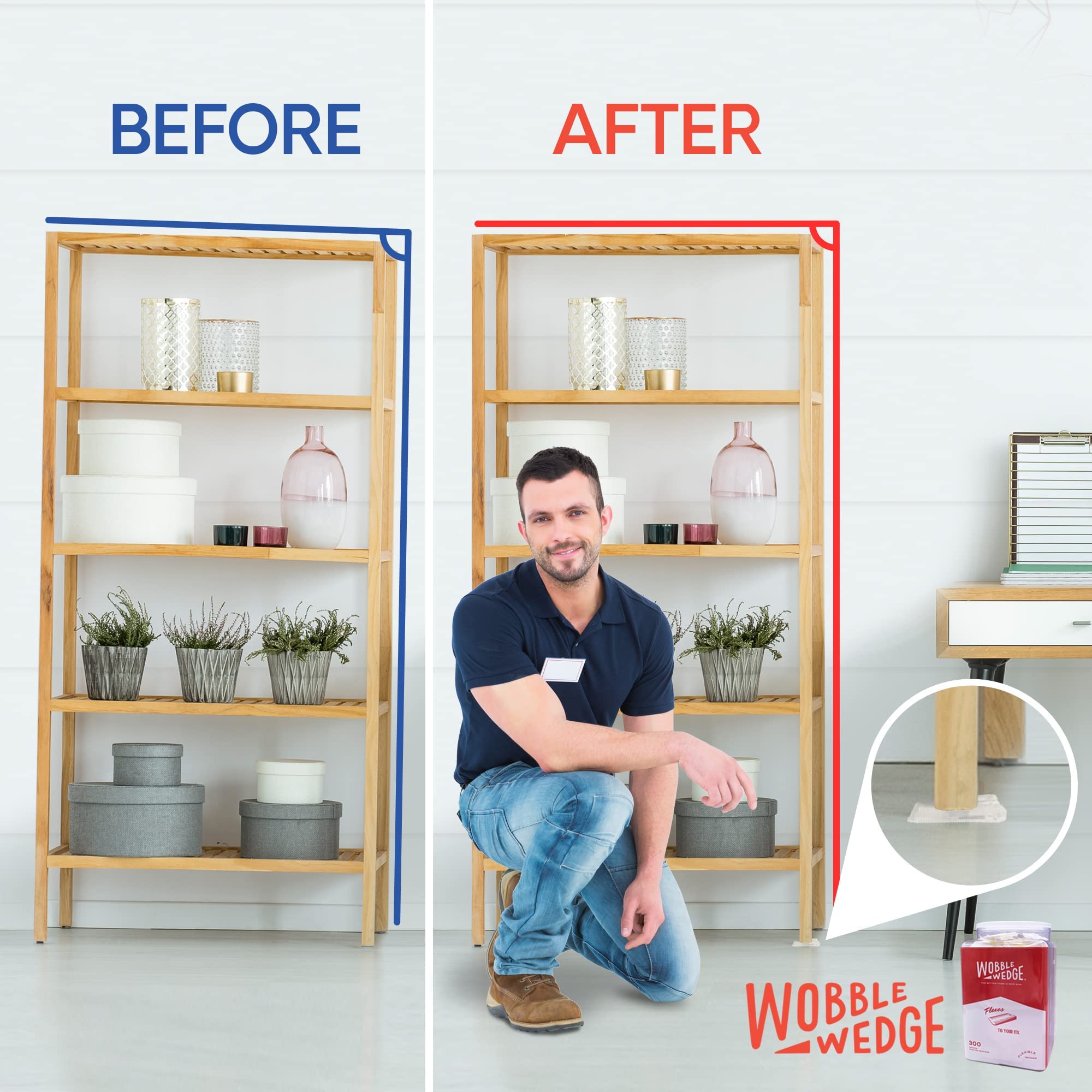 Wobble Wedges Flexible Plastic Shims, 300 Pack - MADE IN USA, Multi-Purpose Shim Wedges for Home Improvement & Work - Plastic Wedge, Table Shims for Leveling, Toilet Shims & Furniture Levelers - Clear