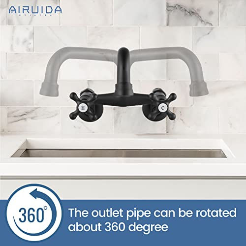 Airuida Matte Black Wall Mount Kitchen Faucet, 6 Inch(15cm) Spout Wall Mount Laundry Sink Faucet, Adjustable Center Double Handles Hot and Cold Water Mixer Tap 360 Rotatable Restaurant Faucet